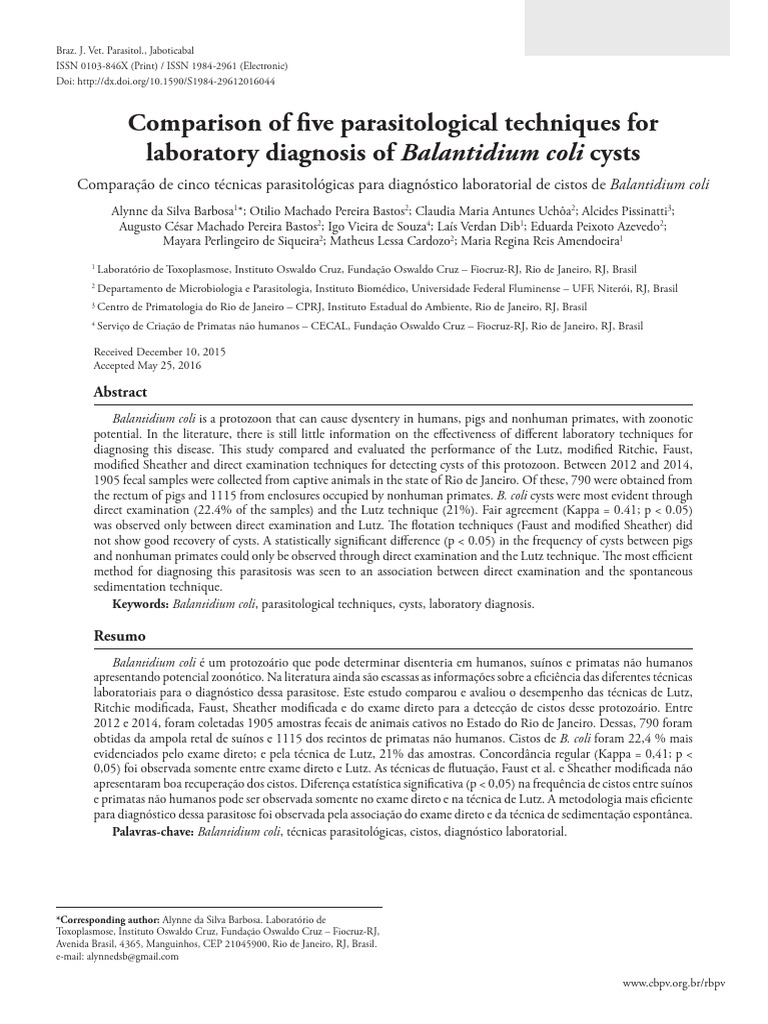 Parasitological Techniques for B. coli Diagnosis | PDF | Diseases And ...