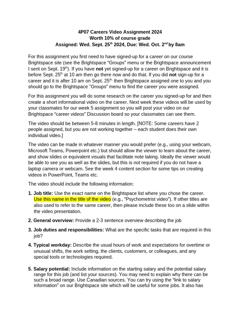 2024 Career Video Assignment Guide | PDF | Microsoft Power Point | Salary