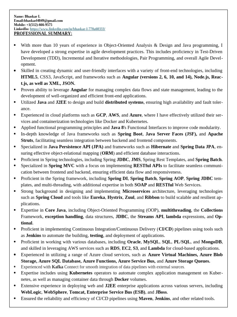 Bhaskar Java Resume | PDF | Spring Framework | Databases