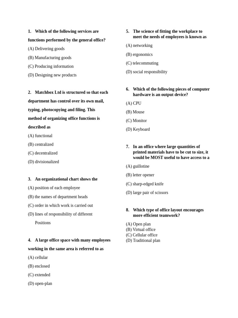 Office Administration Test 1 Paper 1 | PDF | Computer Hardware | Office ...