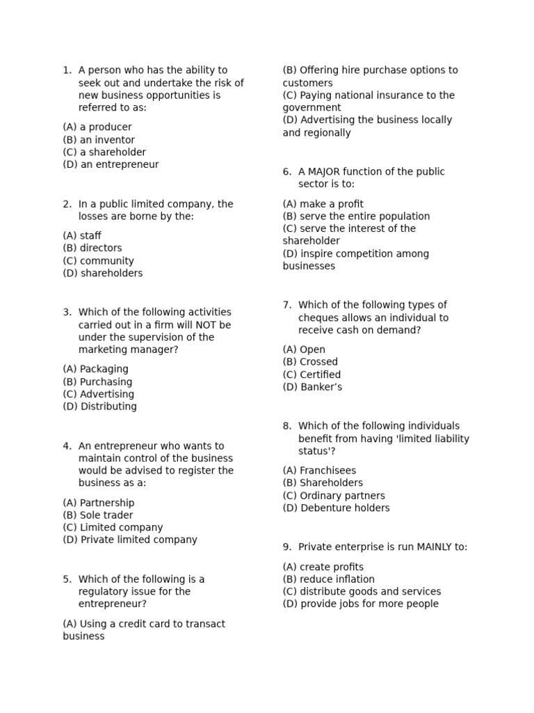 Principle of Business Paper 1 Practice | PDF | Money | Private Sector