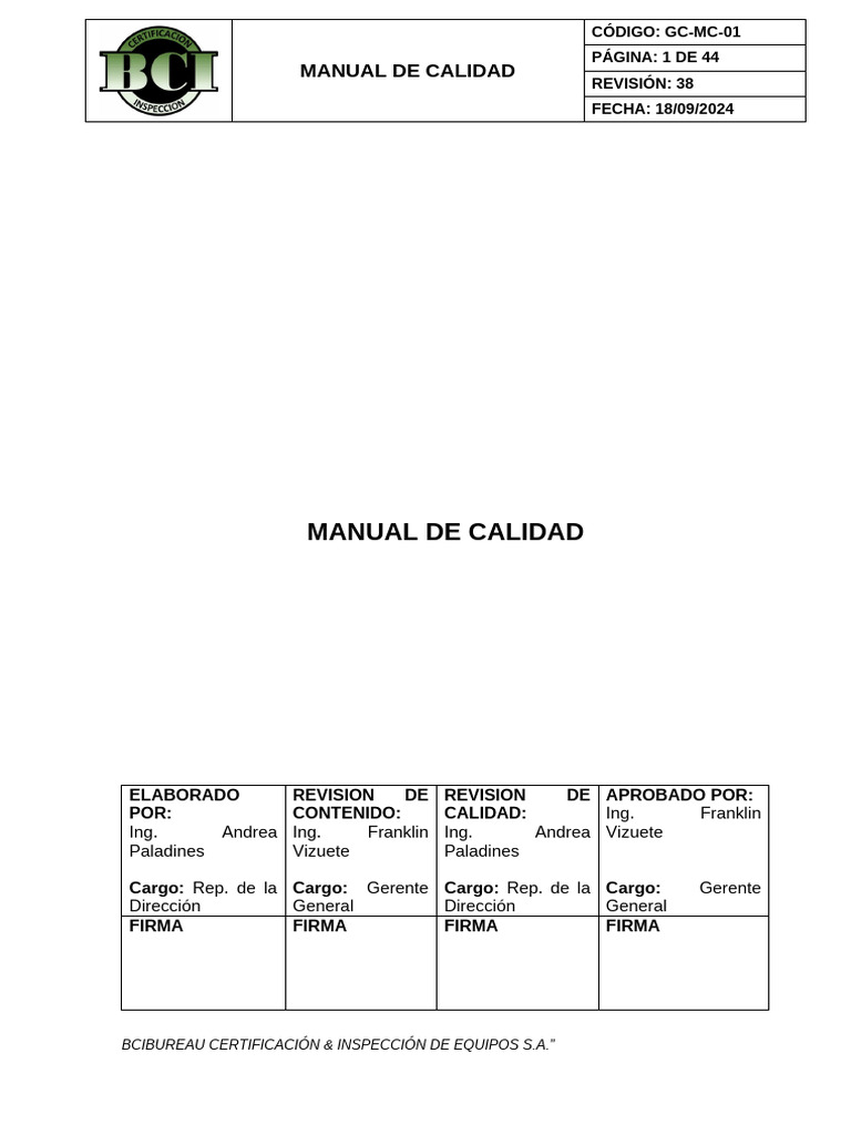 Manual de Calidad BCIBUREAU | PDF | Calidad (comercial) | Sistema de manejo de calidad