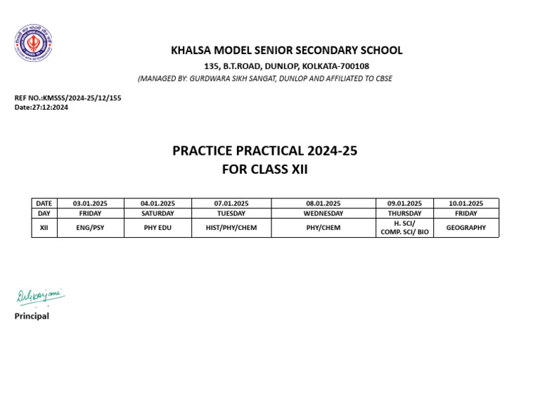 Class XII Practical Schedule 2024-25 | PDF