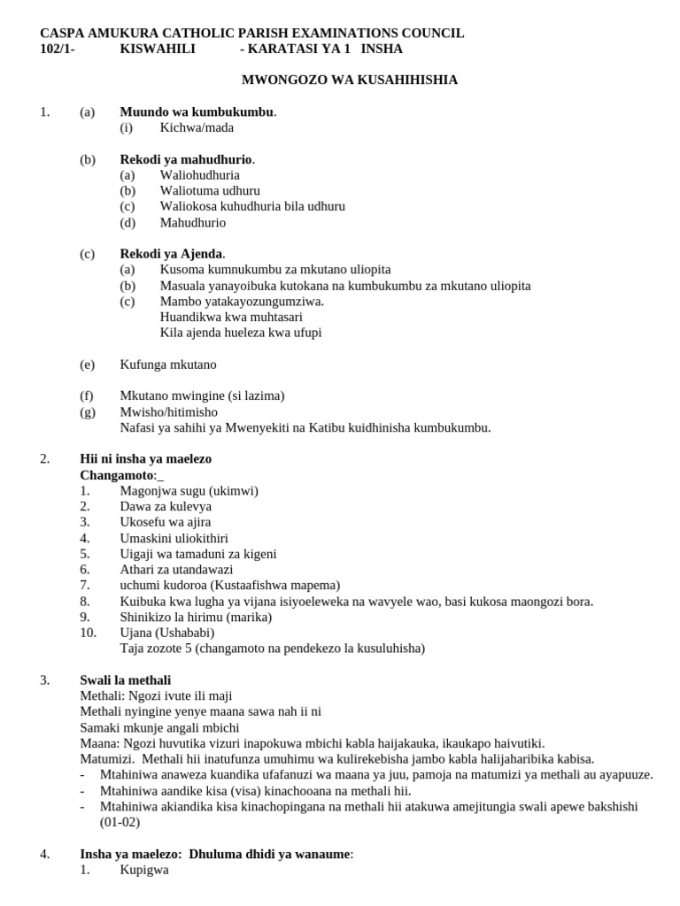 Kiswahili Paper 1 Marking Scheme 1 | PDF