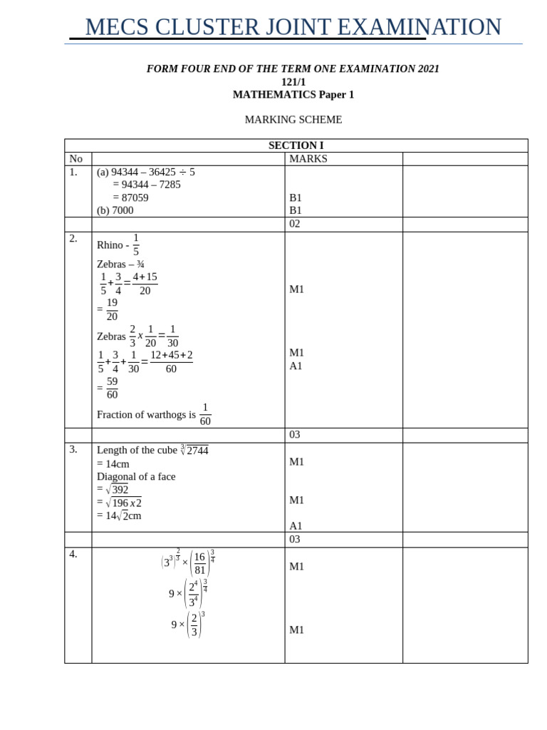 Mathematics Paper 1 Marking Scheme | PDF | Mathematics