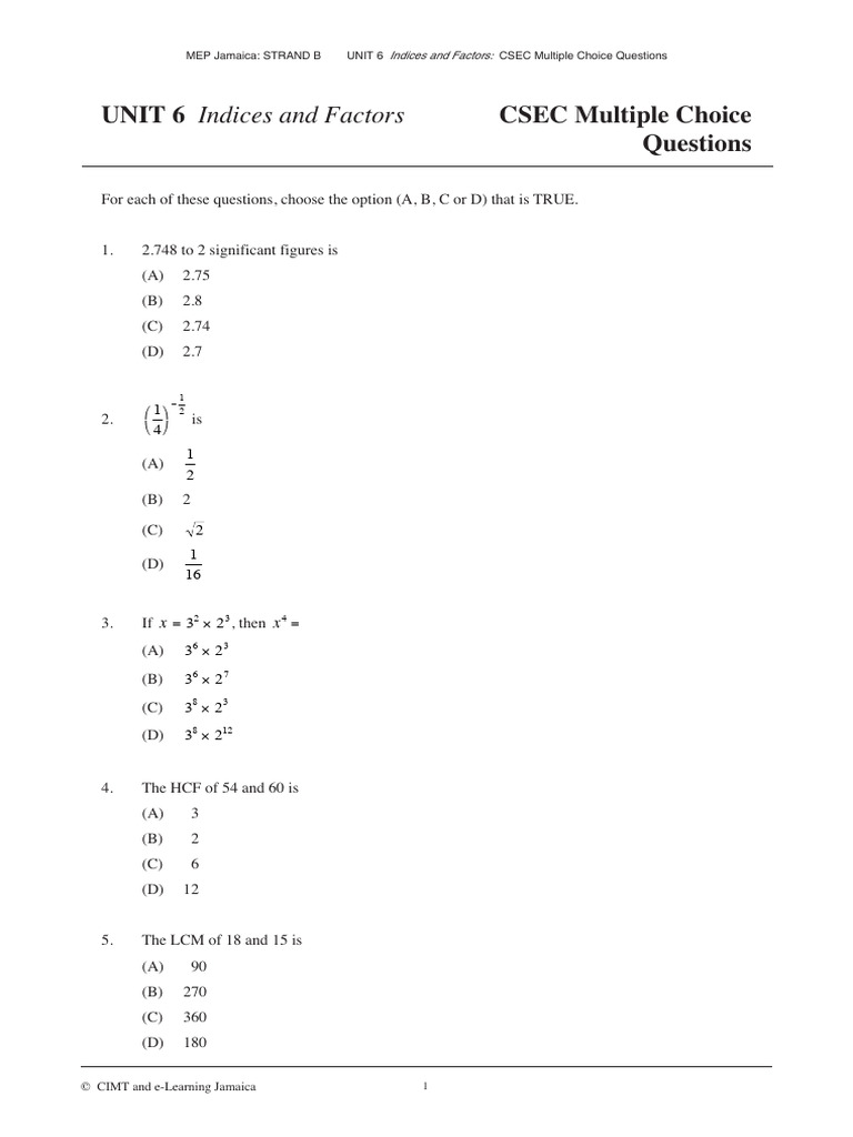 Csecmultiplechoice - Indices and Factors | PDF