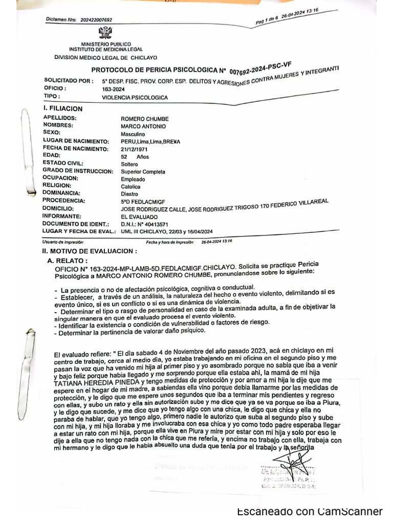 Anexo 1- Protocolo de Pericia Psicologica Nro.007692-2024 de Fecha 26abril2024 | PDF