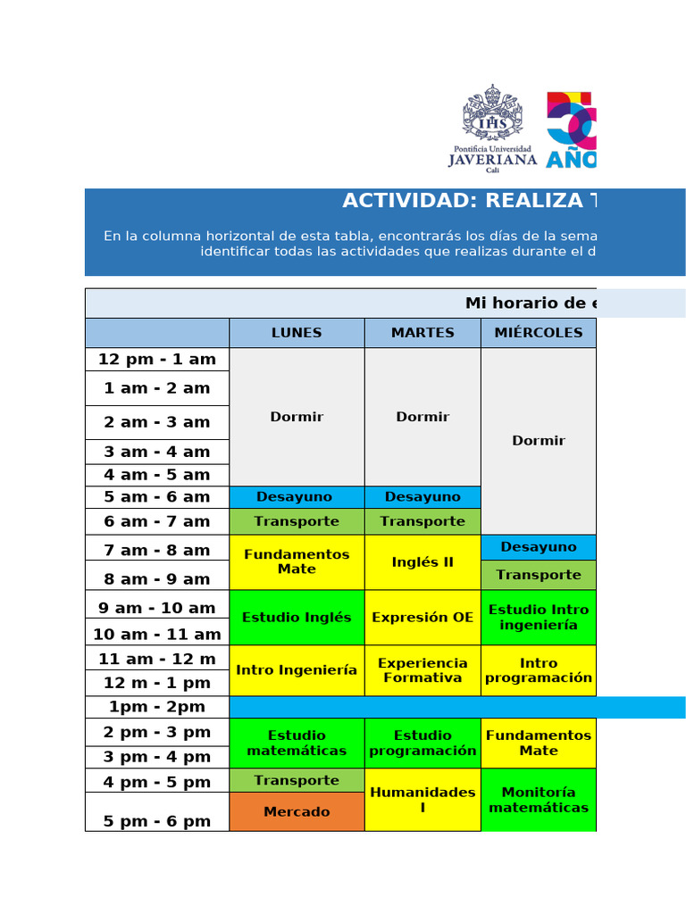 Excel Horario de Estudio | PDF