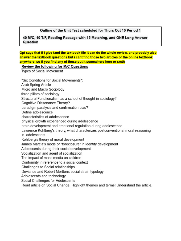 HSB4U - Unit 1 Review Sheet | PDF | Adolescence | Identity (Social Science)