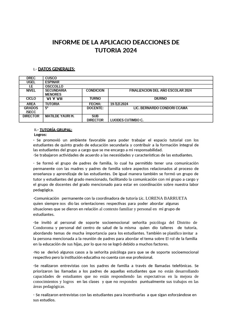 INF. FINAL DE TUTORIA 2024 xx2024 - 44444 | PDF | Sicología | Maestros