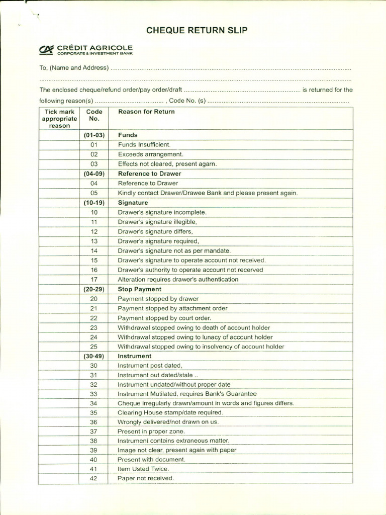 Cheque Return Slip | PDF