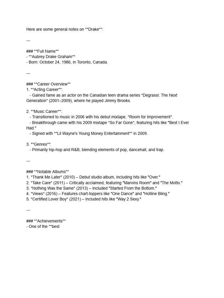 Here Are Some General Notes On Drake | PDF