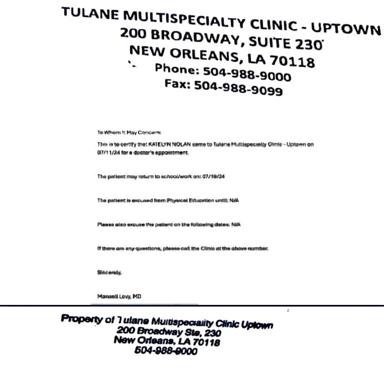 Medical Excuse for Katelyn Nolan | PDF