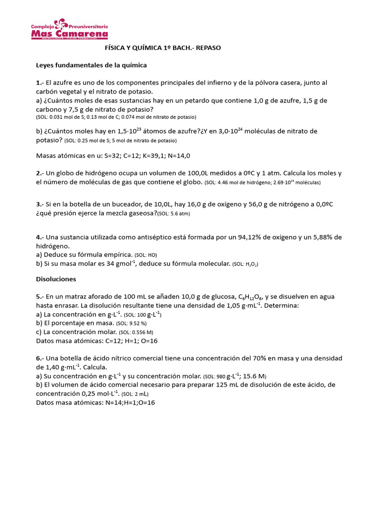 Repaso QuÃ Mica 1Âº Bach | PDF | Ácido clorhídrico | Concentración