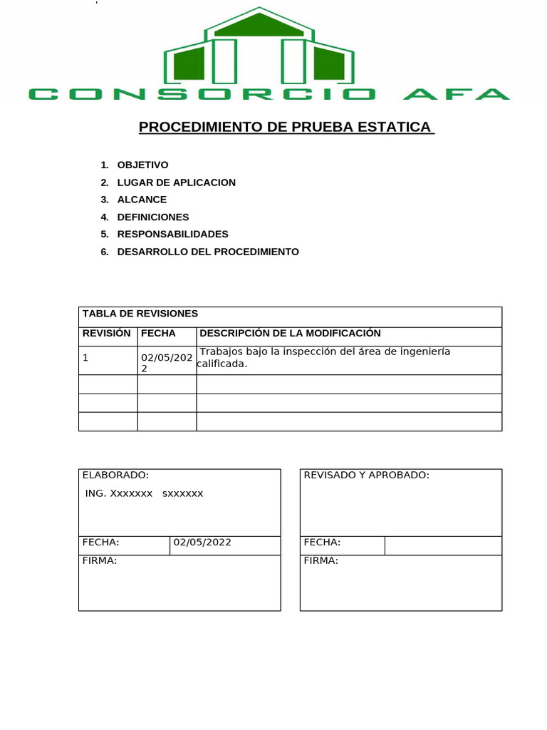 Procedimiento Prueba Estatica Consorcio Afa | PDF | Diseño | Soldadura
