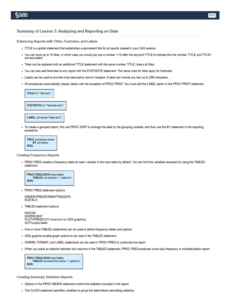 EPG1V2 - Summary of Lesson 5 - Analyzing and Reporting On Data | PDF | Sas (Software) | Computer ...