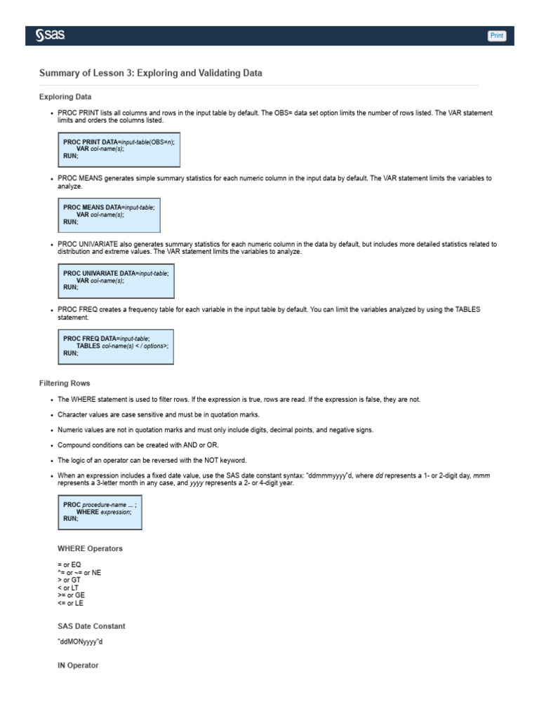 EPG1V2 - Summary of Lesson 3 - Exploring and Validating Data | PDF | Sas (Software) | Macro ...