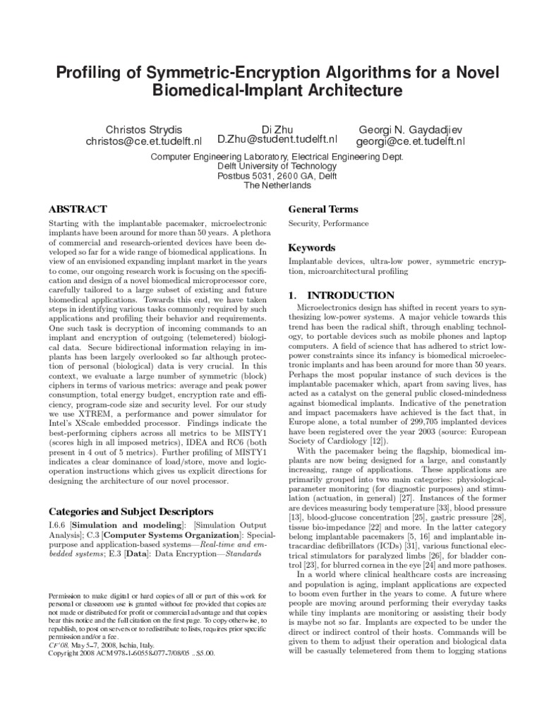 Proling of Symmetric-Encryption Algorithms For A Novel Biomedical-Implant Architecture | PDF ...