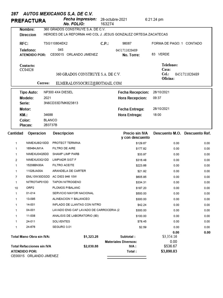 Prefactura: 287 Autos Mexicanos S, A. de C.V | PDF