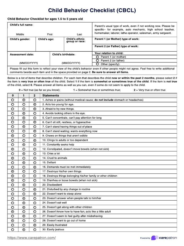 Child Behavior Checklist Cbc Sample | PDF | Temperament | Parent