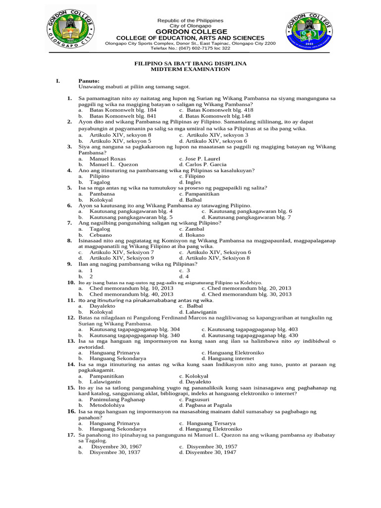Filipino-sa-Ibat-ibang-disiplina-Midterm-exam-Copy | PDF