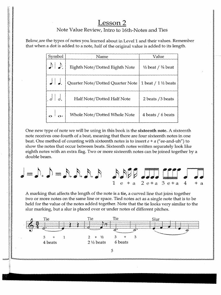 Lesson 2 Note Values, 16th notes & ties (T&SR #2) | PDF