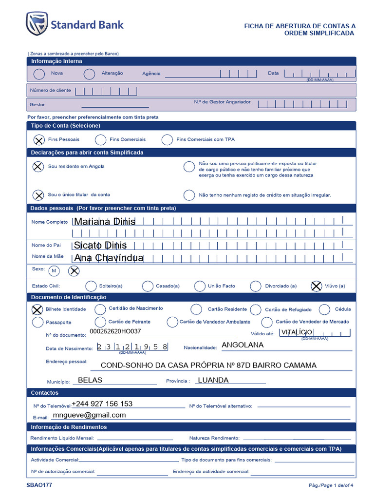 Ficha de Abertura de Contas a Ordem Simplificada - Mariana Dinis | PDF ...