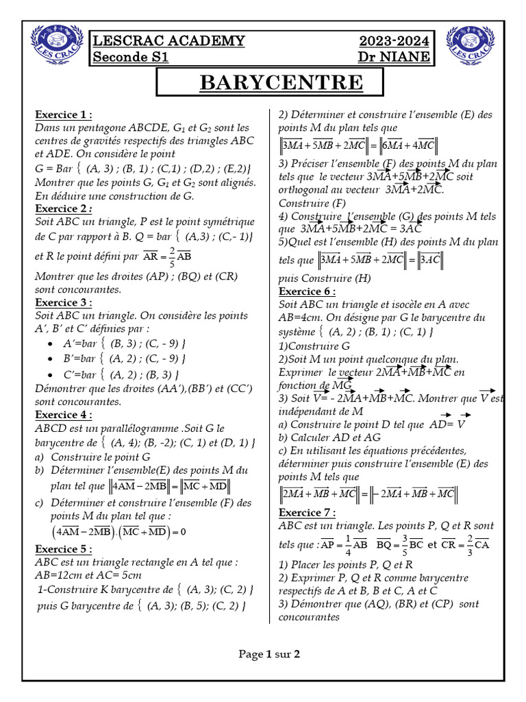 Exercices de Barycentre en Mathématiques | PDF | Géométrie | Géométrie ...