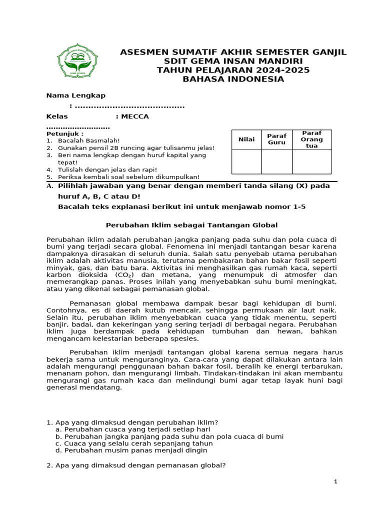 Layout Soal - Bahasa Indonesia - Grade 6 | PDF