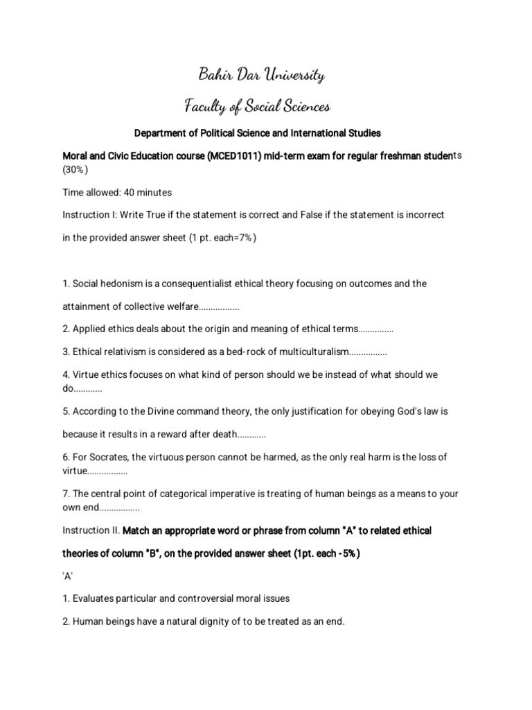 A+ Bahir Dar Civics Mid Exam | PDF