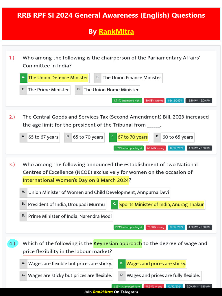 RRB RPF SI 2024 General Awareness English Questions by RankMitra | PDF | Efficient Market Hypothesis