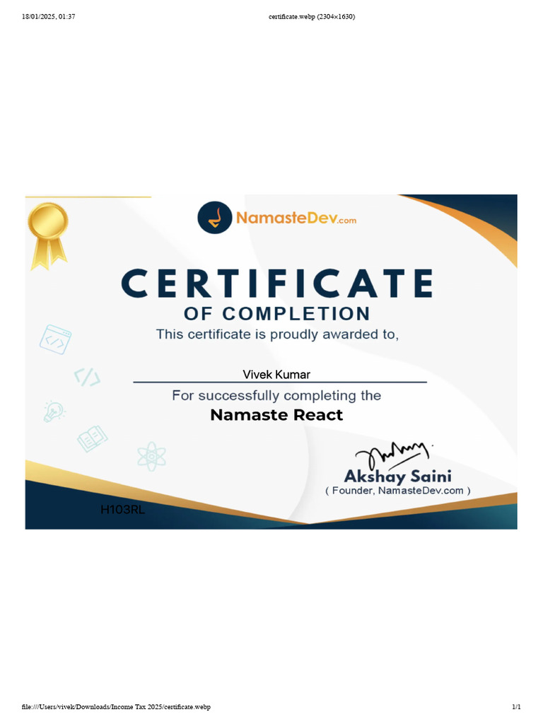 Certificate Namaste React | PDF
