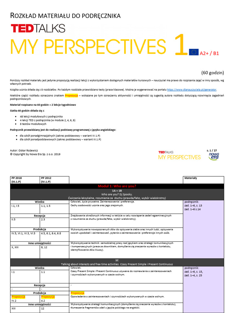 Rozklad Materialu My Perspectives 1 60 Godzin | PDF