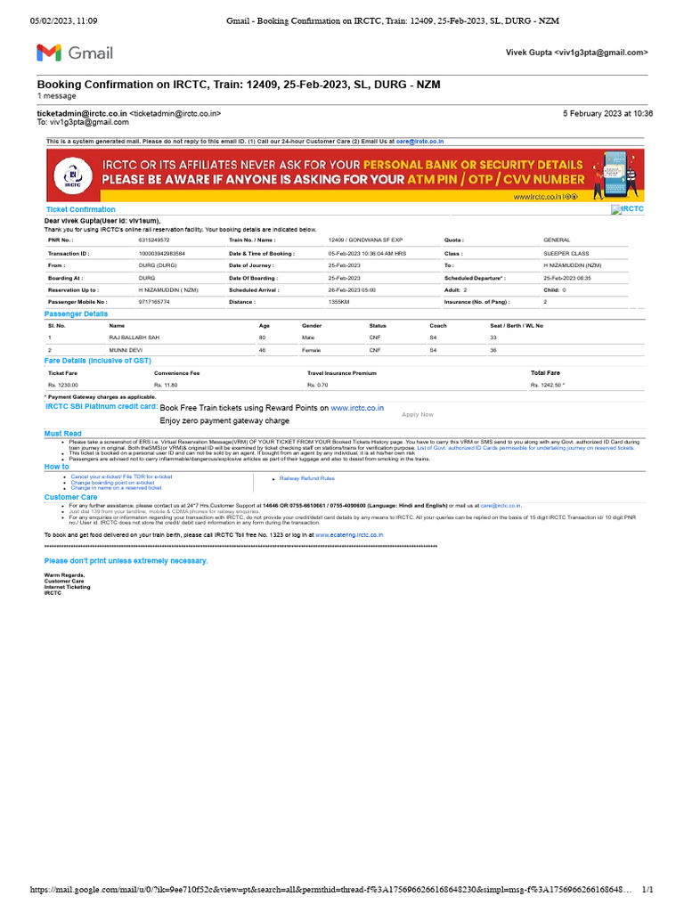 Train_ 12409, 25-Feb-2023, SL, DURG - NZM | PDF | Credit Card | Debit Card