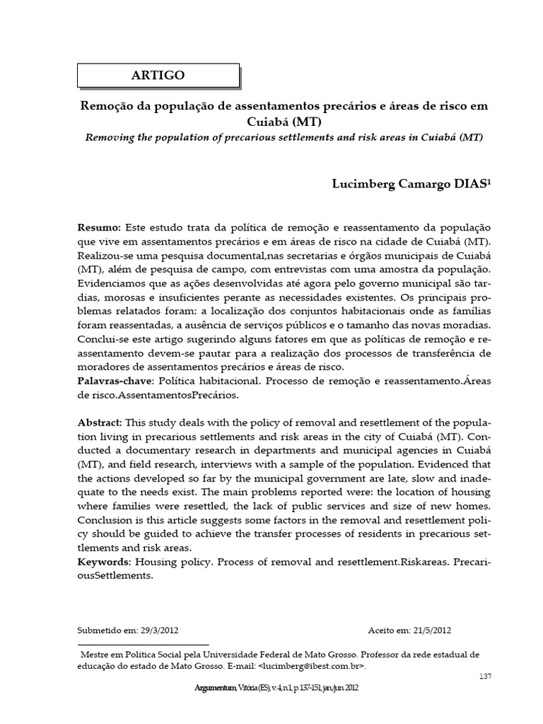 Remoção de Assentamentos em Cuiabá | PDF | Favela | Brasil