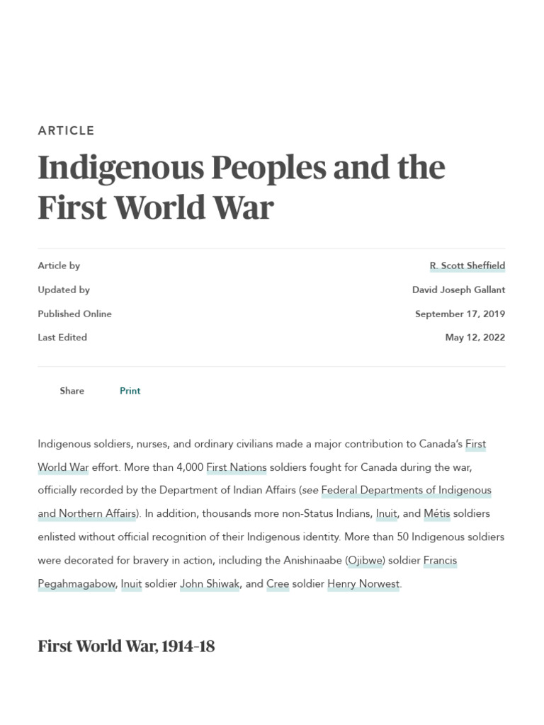 Indigenous Peoples and The First World War - The Canadian Encyclopedia ...