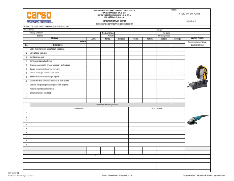 Inspeccion de Cortadora de Disco y Pulidor | PDF