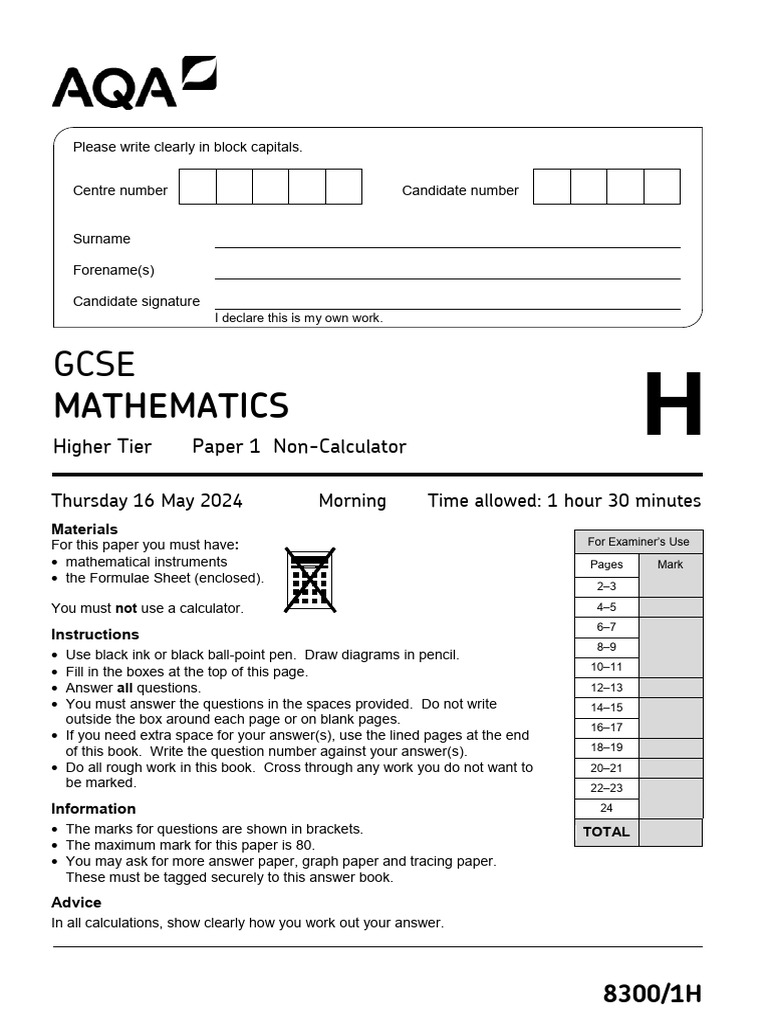 Aqa Math Paper 1 Higher 2024 | PDF | Area