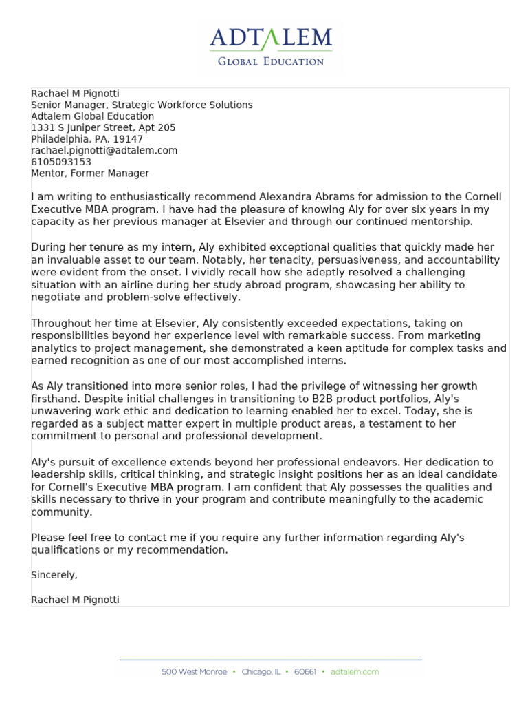 Alexandra Abrams Letter of Recommendation | PDF