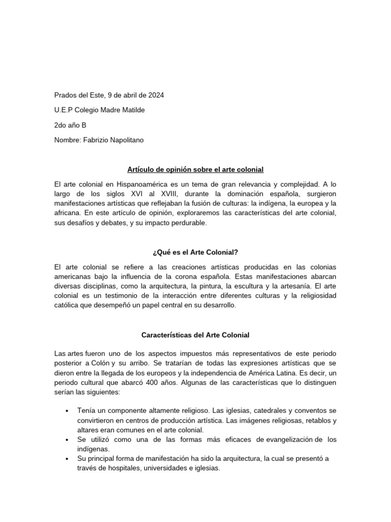 Articulo de Opión Sobre El Arte Colonial | PDF | Barroco | Pinturas