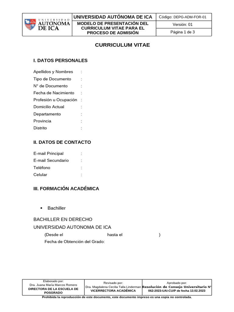 (DEPG-ADM-FOR-01) Modelo de Presentación del Curriculum Vitae para el ...