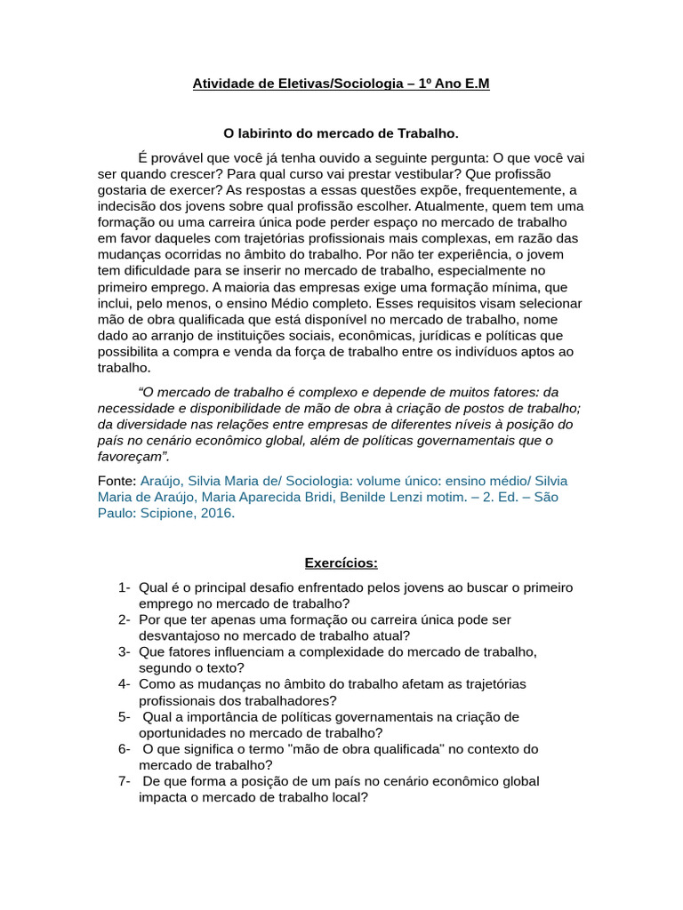 1º EM Atividade de Eletivas | PDF | Economia do trabalho | Mercado (economia)