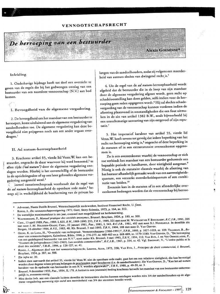 A. Goeminne, de Herroeping Van Een Bestuurder, 1997 | PDF