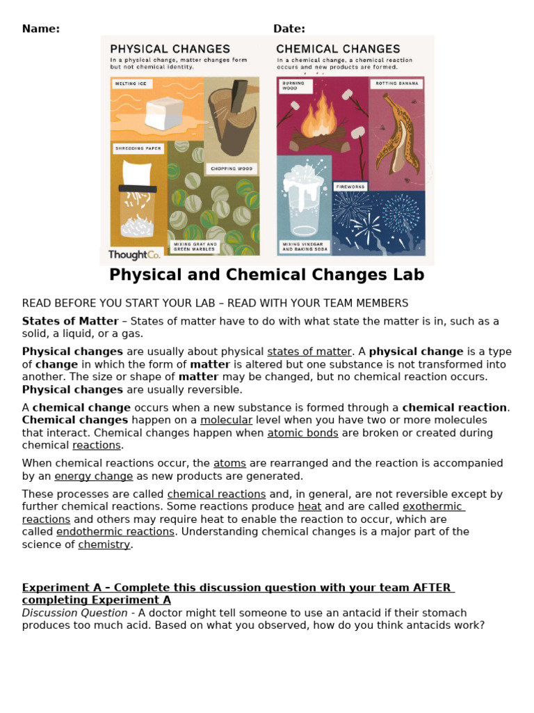 Physical and Chemical Changes Lab | PDF | Chemistry | Chemical Reactions