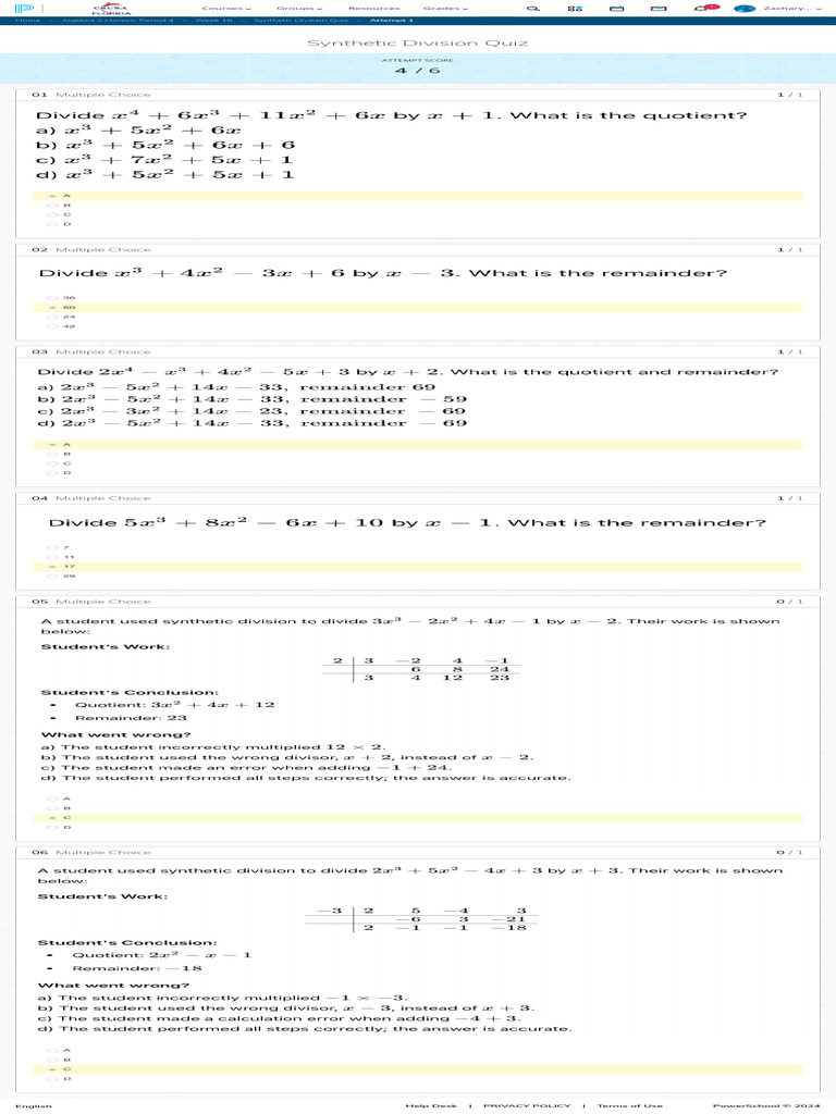 Synthetic Division Quiz Schoology | PDF | Computational Science | Mathematics Of Computing
