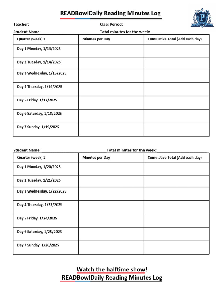 2025 READBowl Daily Student Minutes Log Pope | PDF