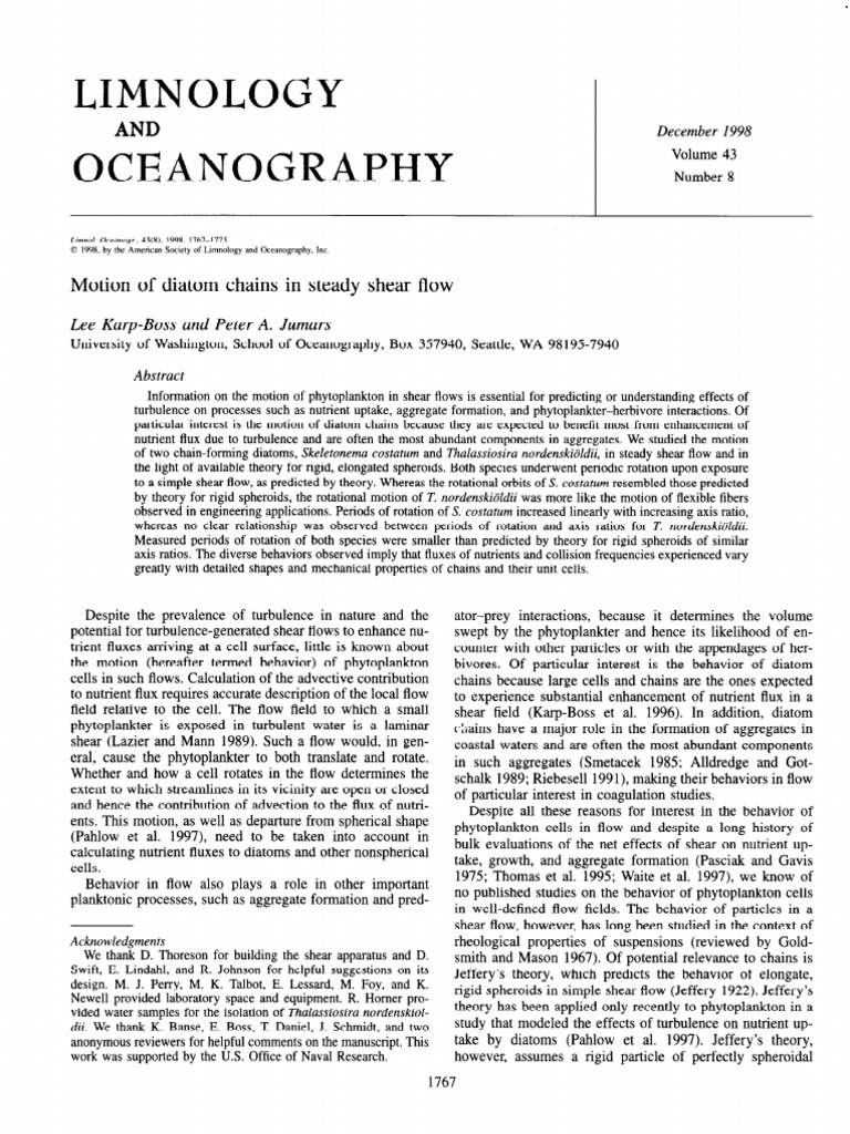Limnology Oceanography - 2003 - Karp Boss - Motion of Diatom Chains in Steady Shear Flow | PDF ...