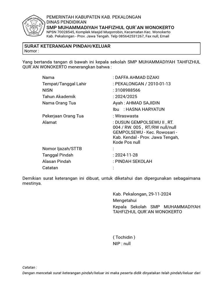 SURAT PINDAH DAFFA | PDF