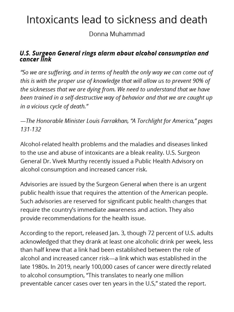 Intoxicants Lead To Sickness and Death Final Call Digital Edition - The ...