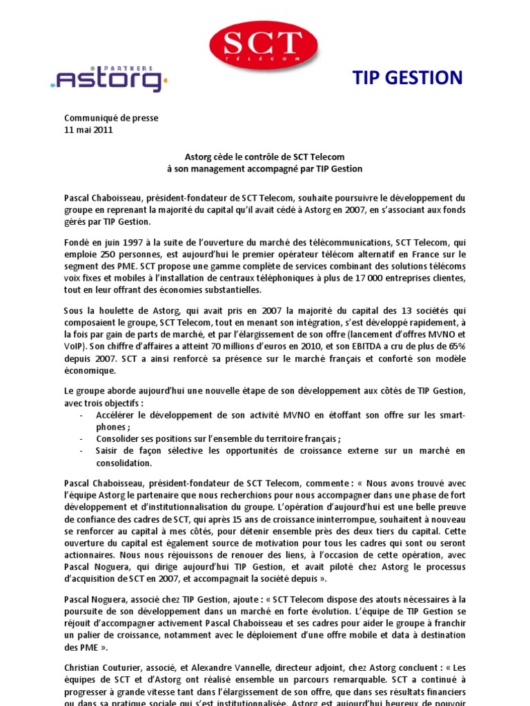 Astorg - Communiqué de Presse - SCT Telecom | PDF | Télécommunication ...